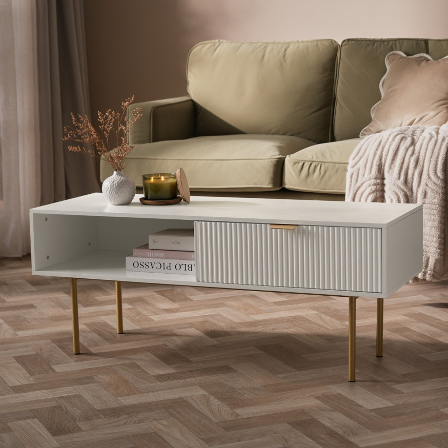 OHS Ribbed Coffee Table With Drawer - White