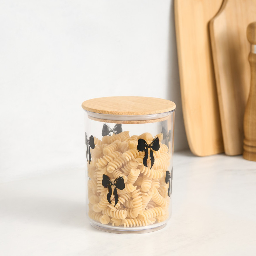 OHS Small Bow Plastic Round Storage Container with Bamboo Lid - Clear/Black