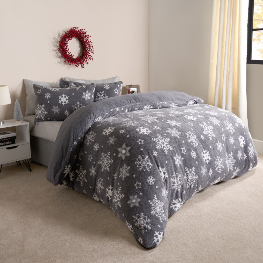 OHS Snowflake Teddy Duvet Set, Grey - Double