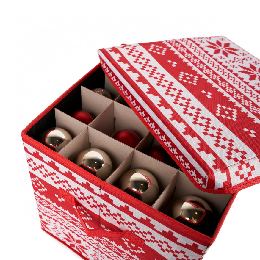 OHS Christmas Nordic Print Bauble Storage Box - Red