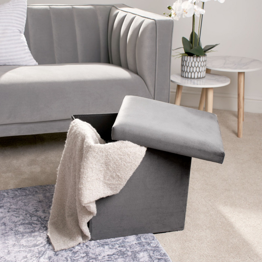 OHS Matte Velvet Foldable Cube Storage Ottoman - Charcoal
