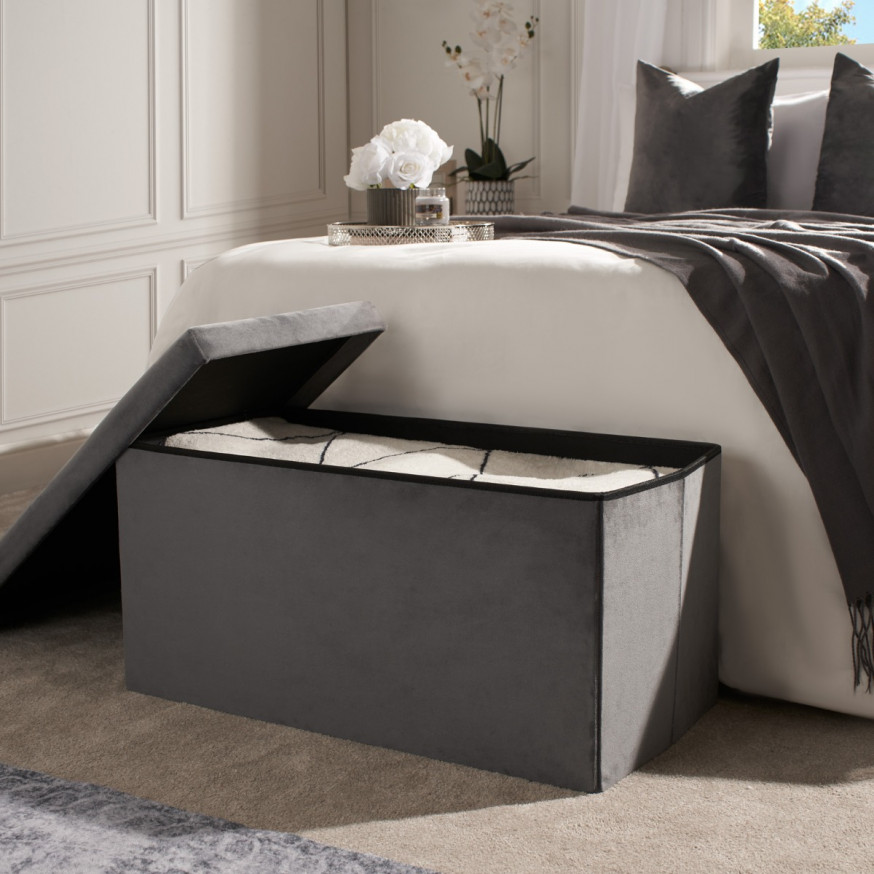 OHS Matte Velvet Foldable Rectangle Storage Ottoman - Charcoal