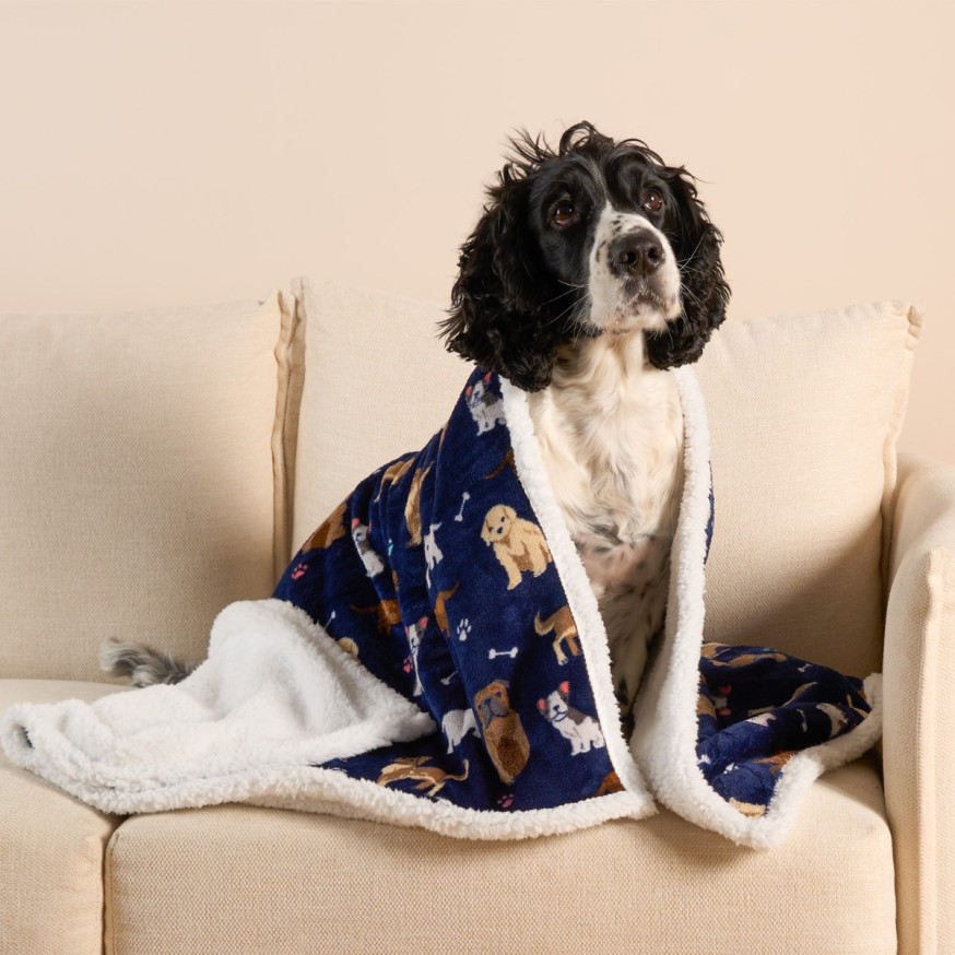 OHS Pet Dog Print Sherpa Reverse Throw - Navy