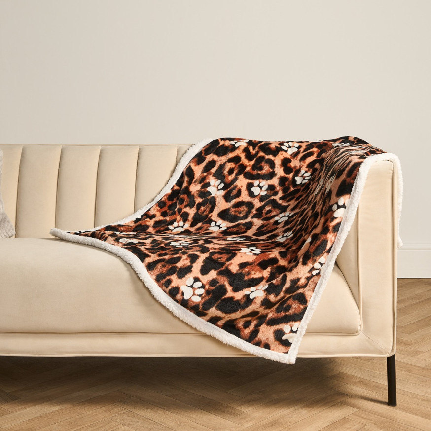 OHS Leopard Paw Print Sherpa Reverse Throw - Natural