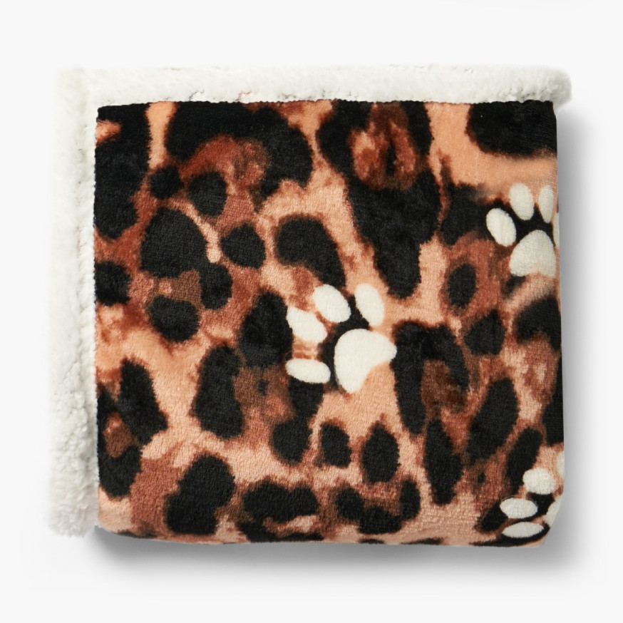 OHS Leopard Paw Print Sherpa Reverse Throw - Natural