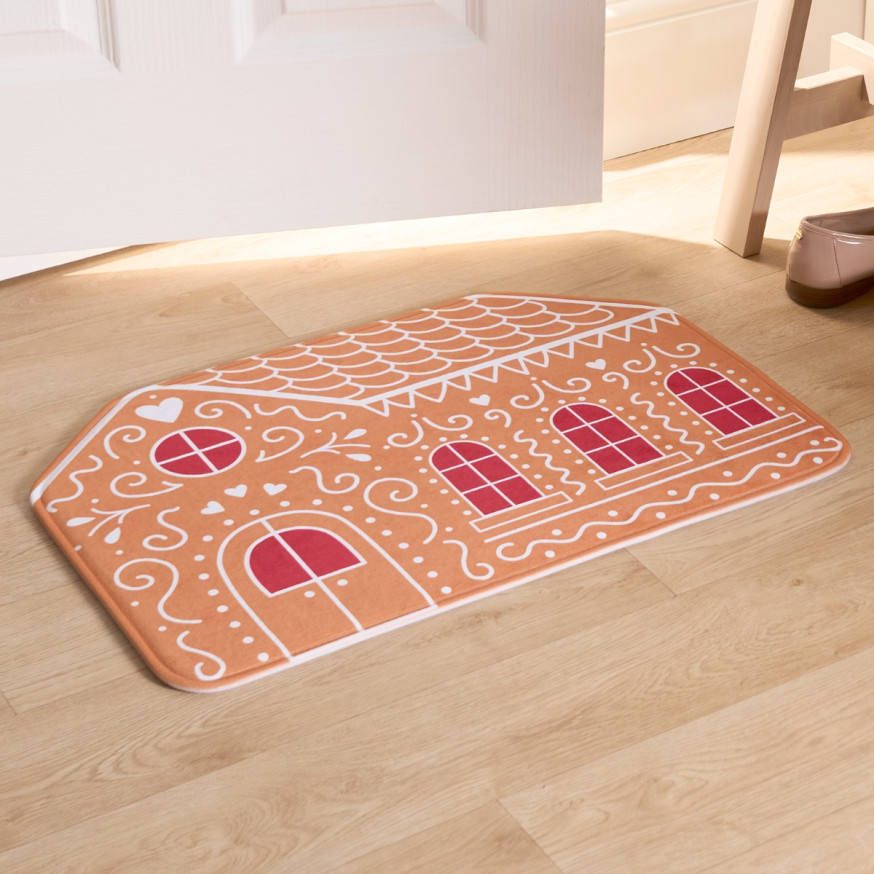 OHS Washable Christmas Gingerbread House Mat - Brown