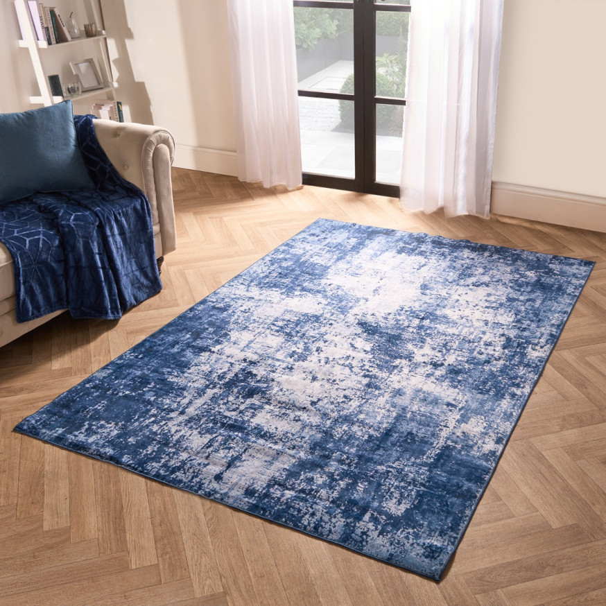 OHS Washable Abstract Printed Rug - Navy