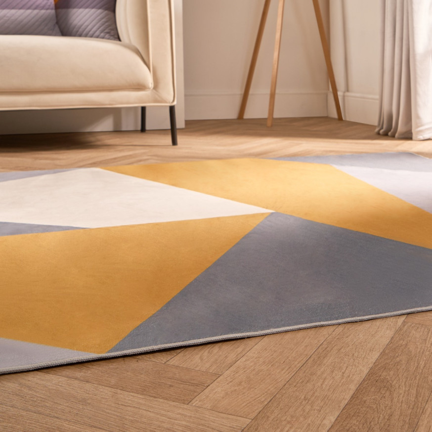 OHS Washable Geometric Printed Rug - Ochre