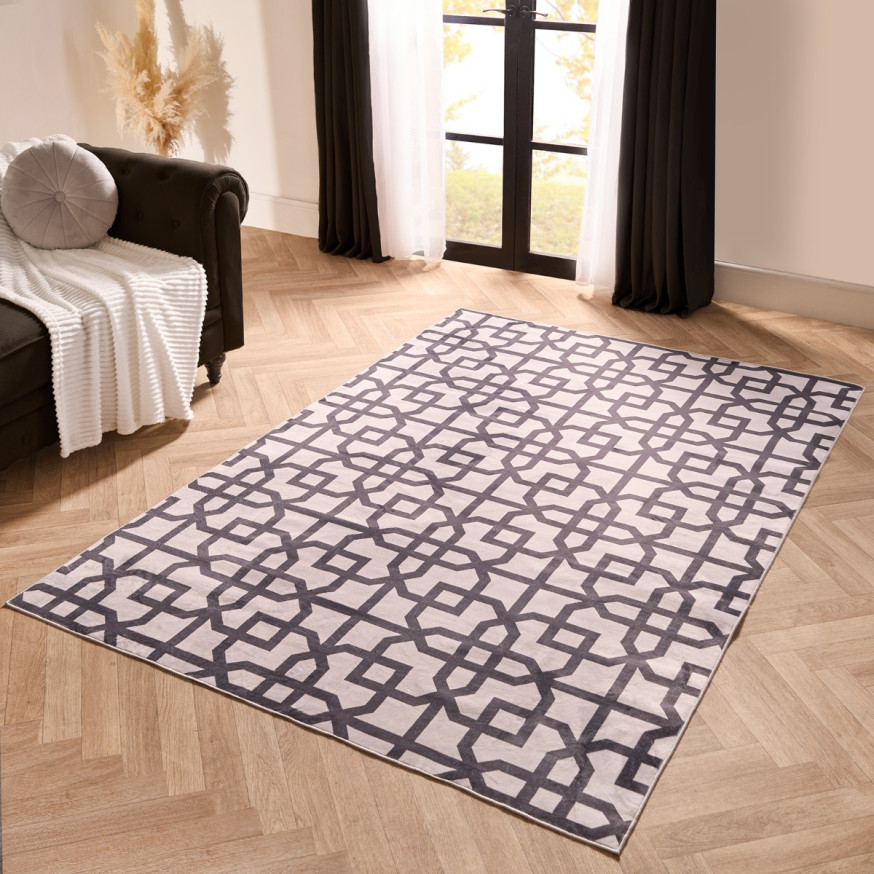 OHS Washable Moroccan Printed Flat Rug - Charcoal