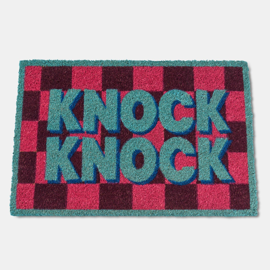 OHS Knock Knock Printed Coir Mat - Pink/Blue