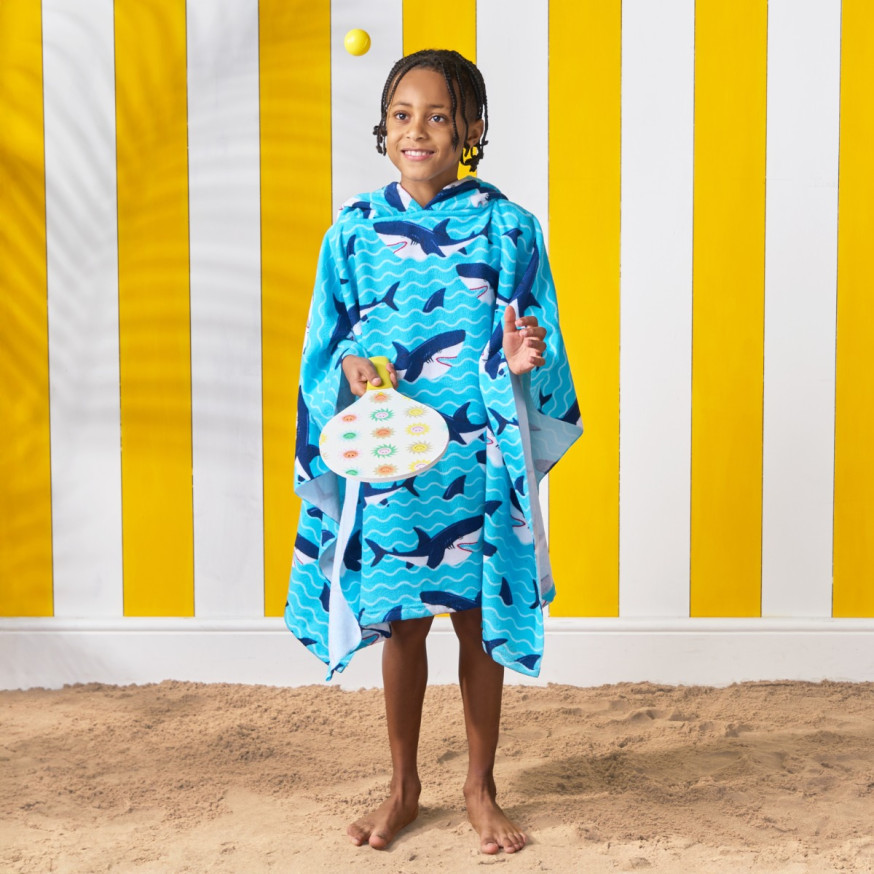 OHS Kids Shark Print Beach Poncho Towel - Blue