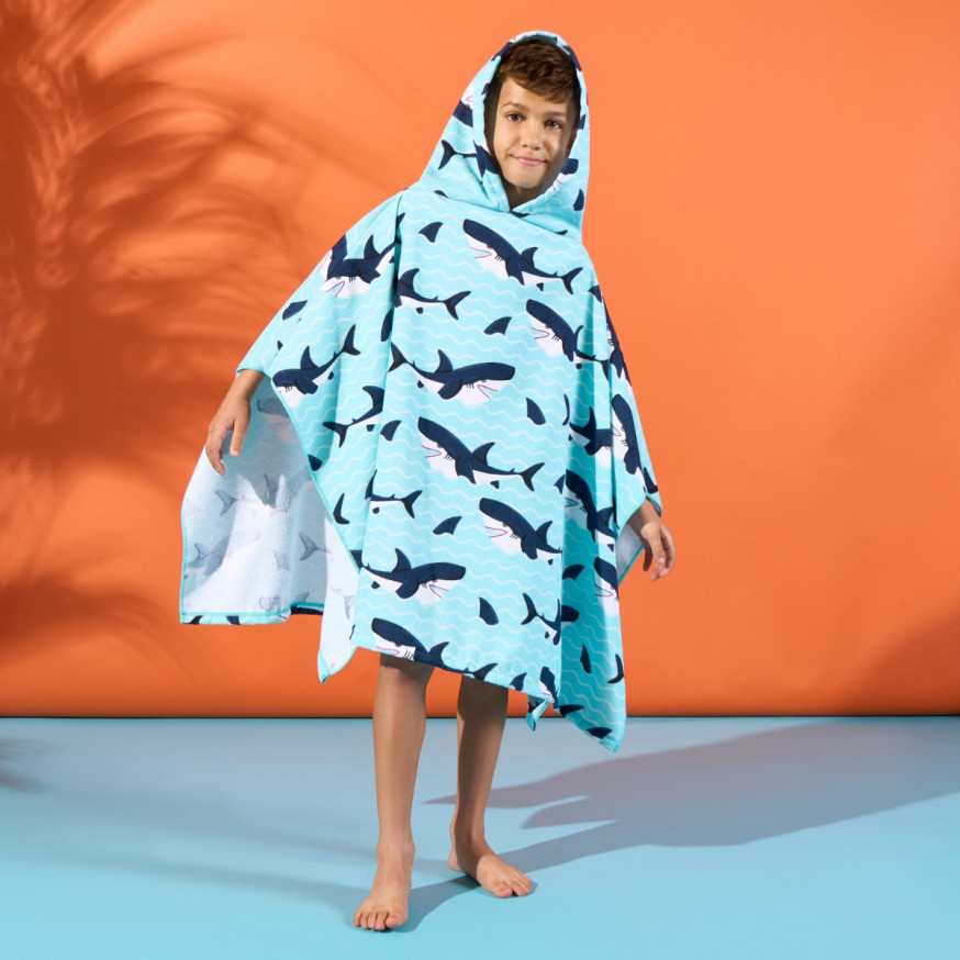 Dreamscene Kids Shark Print Beach Poncho Towel - Blue