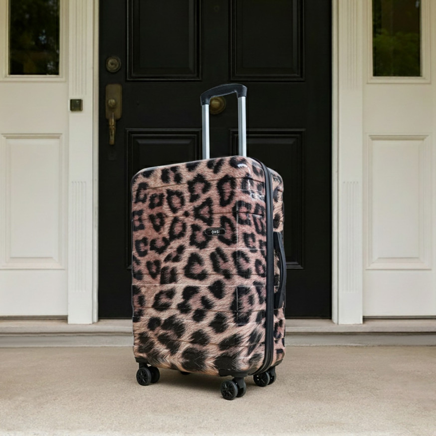 OHS 4 Wheel Leopard Print Hard Shell Suitcase, Natural - 3 Pack