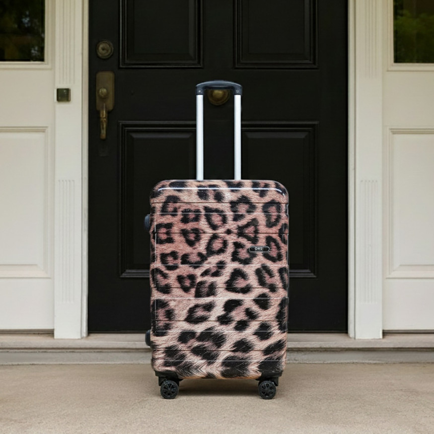 OHS 4 Wheel Leopard Print Hard Shell Suitcase, Natural - 3 Pack