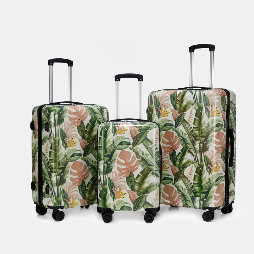 OHS 4 Wheel Tropical Print Hard Shell Suitcase, Green - 3 Pack