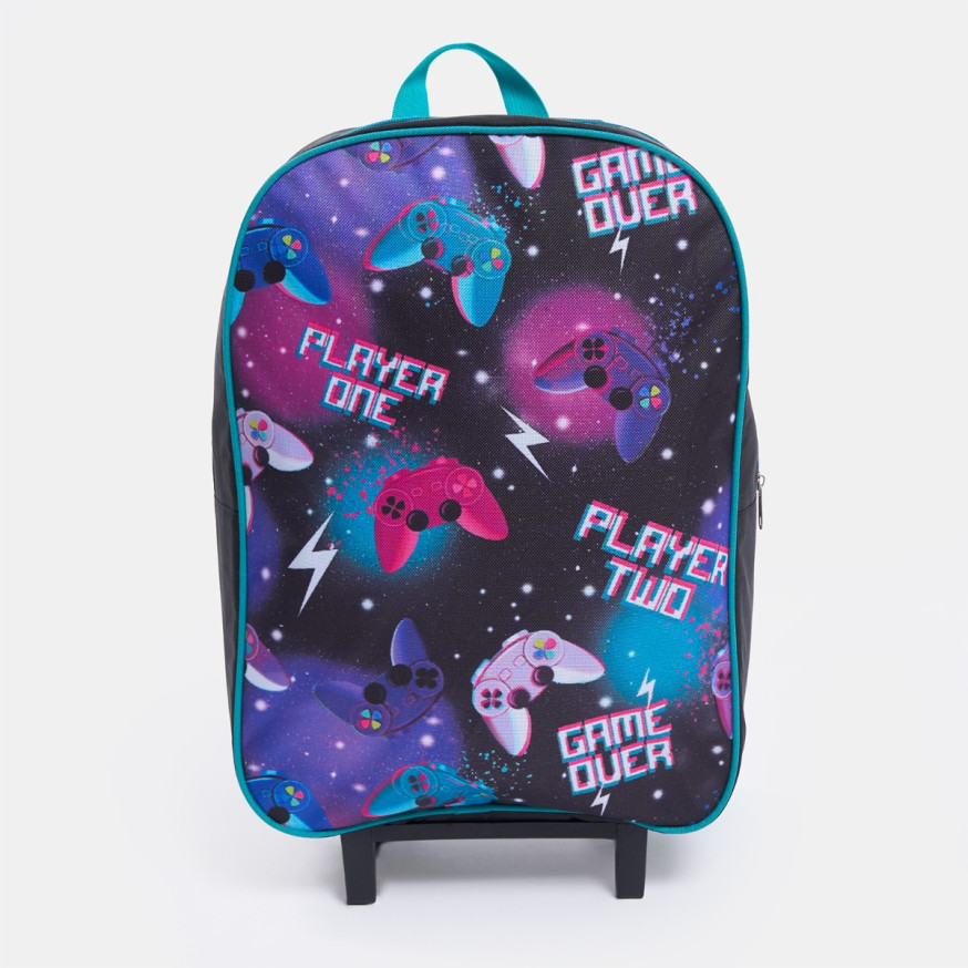 OHS Kids Gaming Print Trolley Backpack - Purple