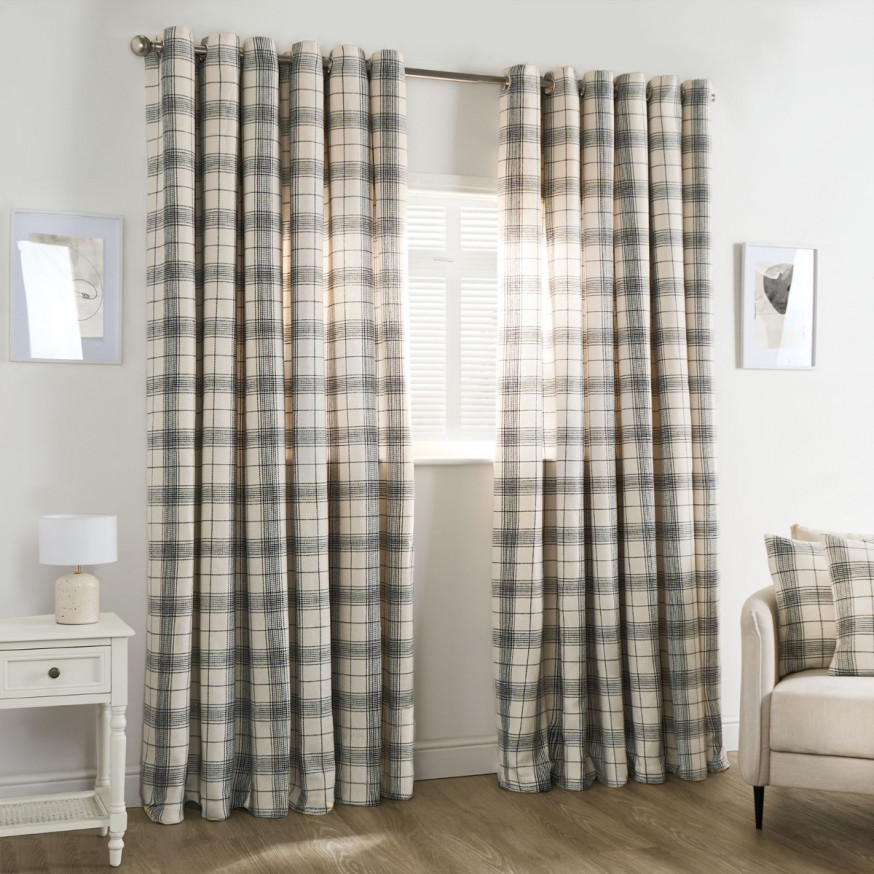 OHS Woven Check Eyelet Curtains - Cream