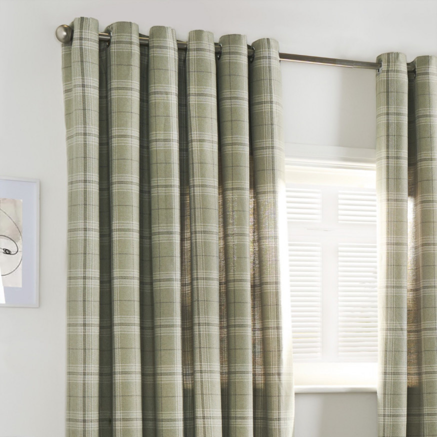OHS Woven Check Eyelet Curtains - Sage
