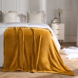 OHS Waffle Mink Throw Single, Mustard Ochre Yellow - 125 x 150cm