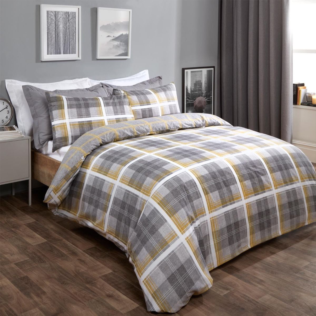 Dreamscene Denim Check Duvet Cover Set, Grey/Ochre - Double