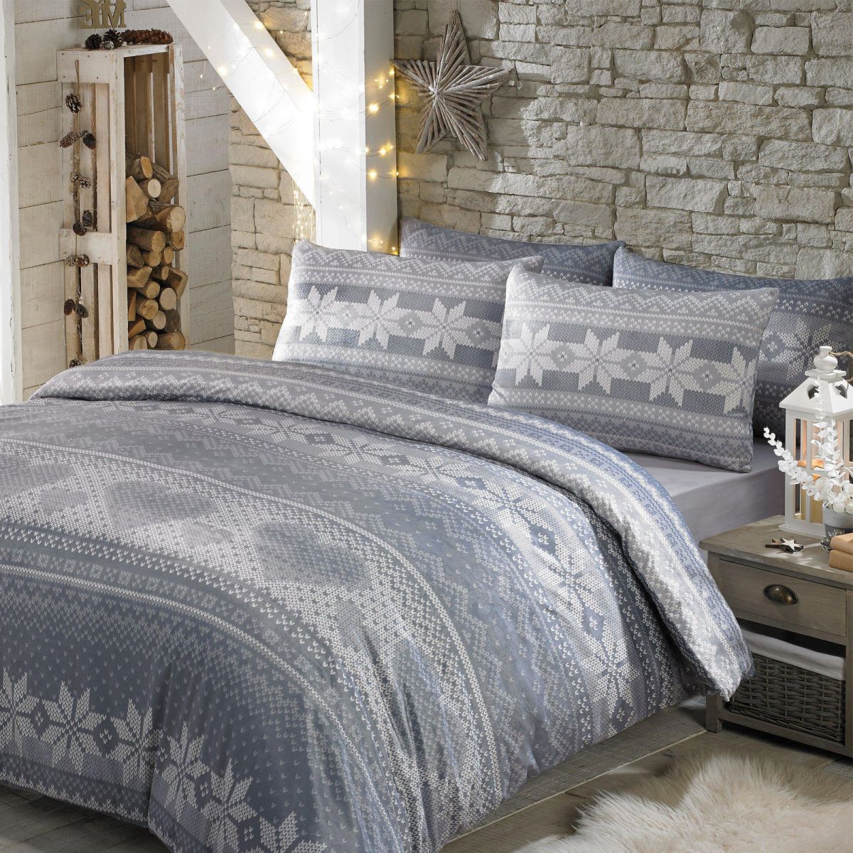 Nordic Duvet Cover Bedding Set Soft Touch Print, Grey White - King