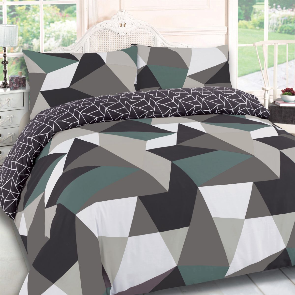 Dreamscene Geometric Shapes Duvet Cover Set, Black/Green - Double