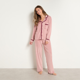 OHS Piped Edge Matte Velvet Button Through Pyjama Set, Pink - Large ...